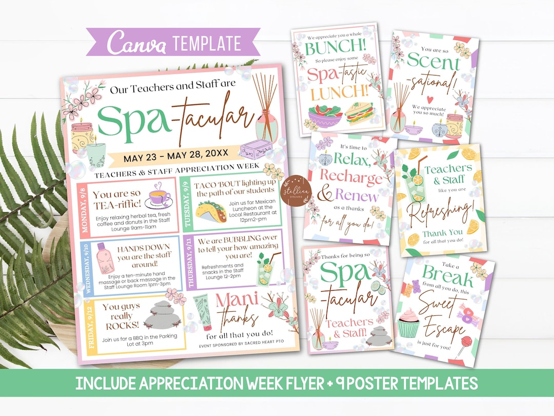 Spa Theme Teacher Appreciation Week Itinerary Flyer & Poster BUNDLE ...