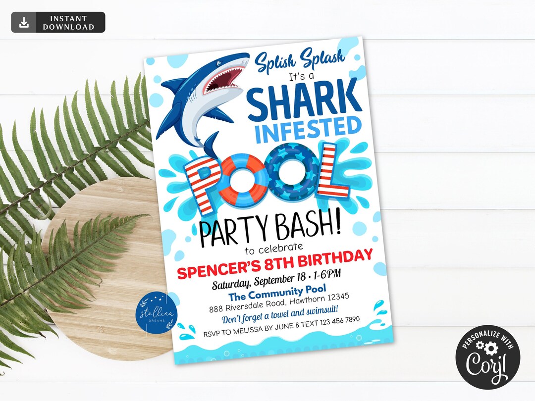EDITABLE Shark Birthday Invitation, Shark Attack Pool Party Bash ...