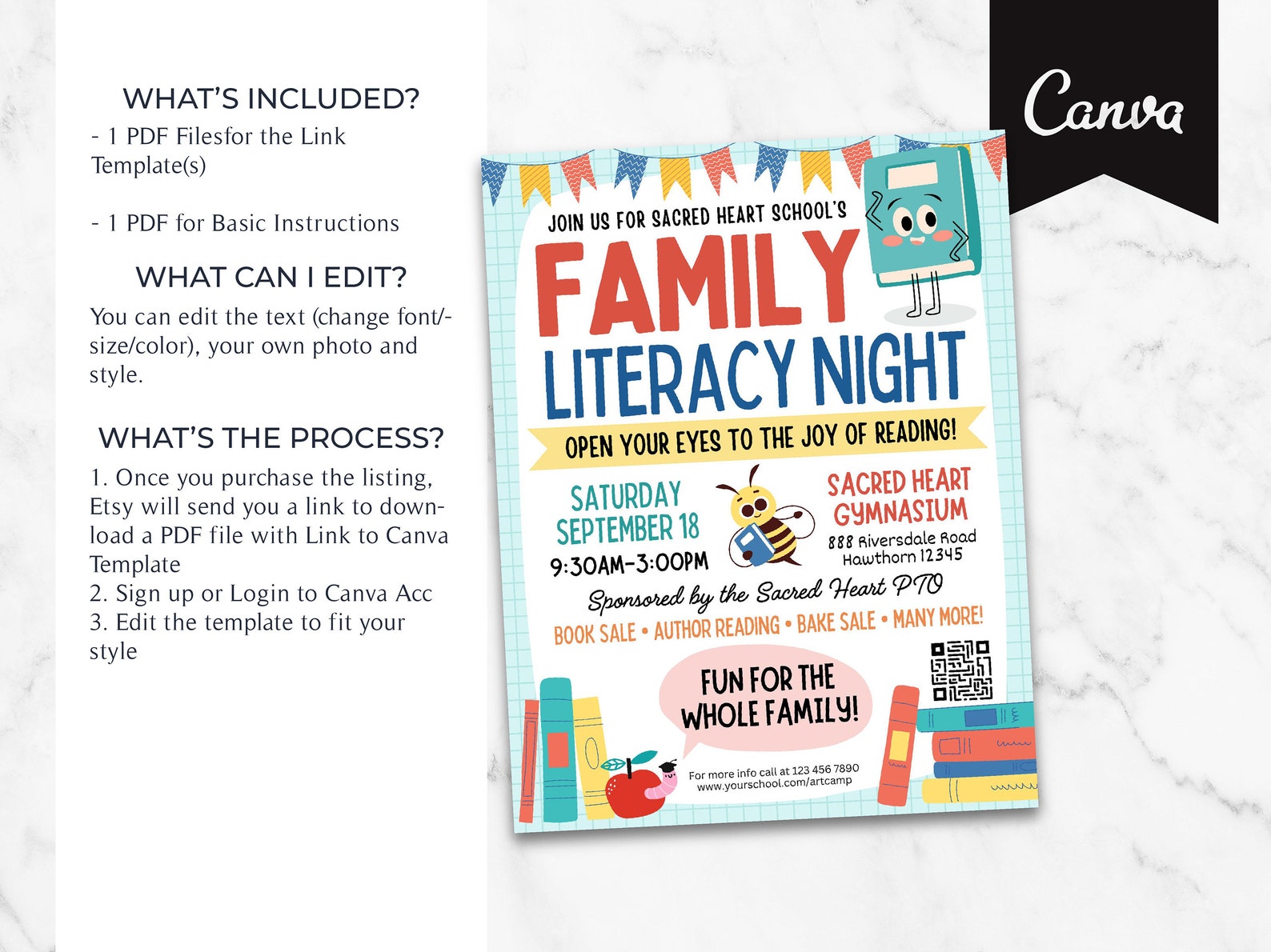 Editable Family Literacy Night Flyer, Printable PTA PTO Flyer, School ...