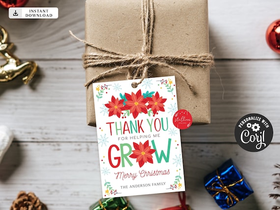 Christmas Floral Gift Tags Thank You for Helping Me Grow - Etsy
