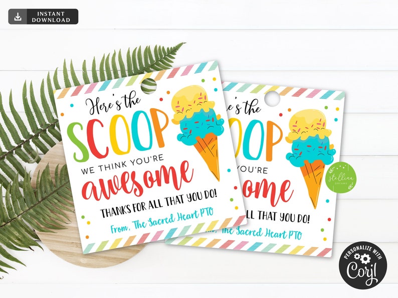 EDITABLE Ice Cream Gift Tag, Here's the Scoop You're Awesome, Summer ...