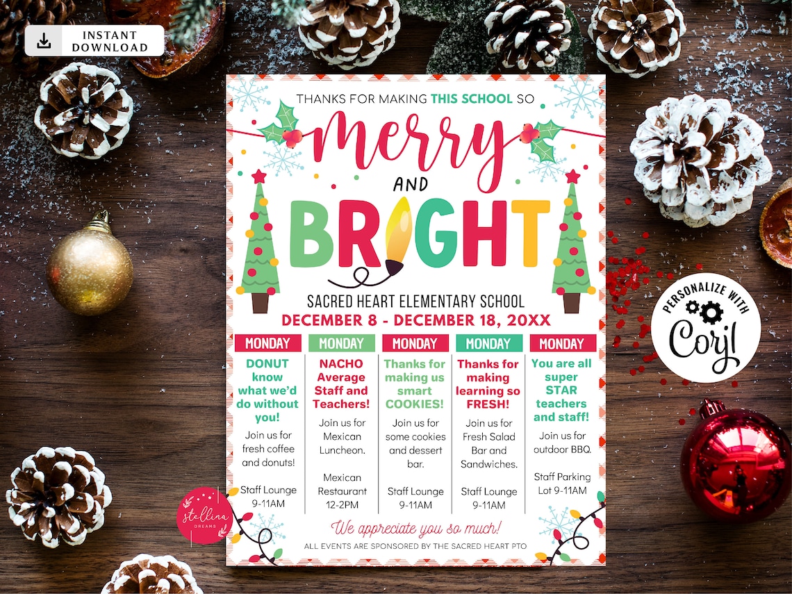 Editable Holiday Teacher and Staff Appreciation Itinerary - Etsy
