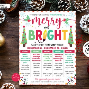 Editable Holiday Teacher and Staff Appreciation Itinerary Christmas ...