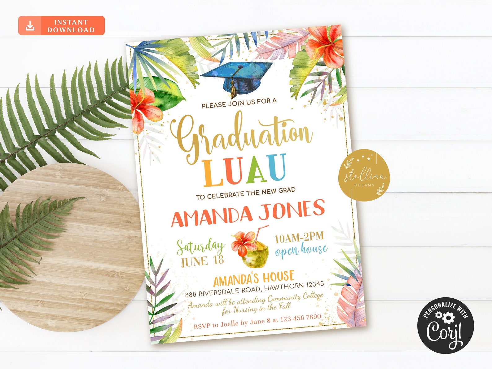 Editable Luau Graduation Invitation, Printable College Graduate ...