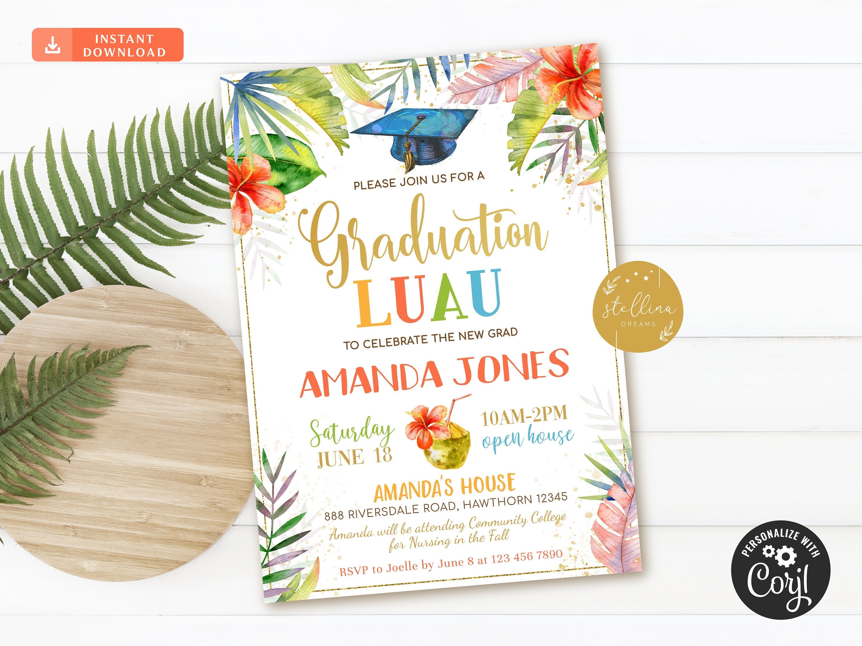 Editable Luau Graduation Invitation, Printable College Graduate ...