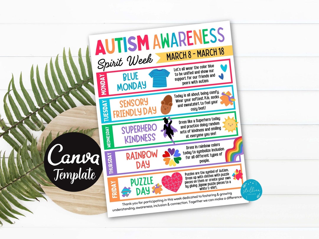 EDITABLE Autism Awareness Spirit Week Itinerary Schedule, Daily Weekly ...