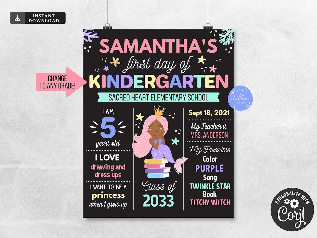 Mermaid First Day of School Chalkboard Sign: Editable Template (digital ...