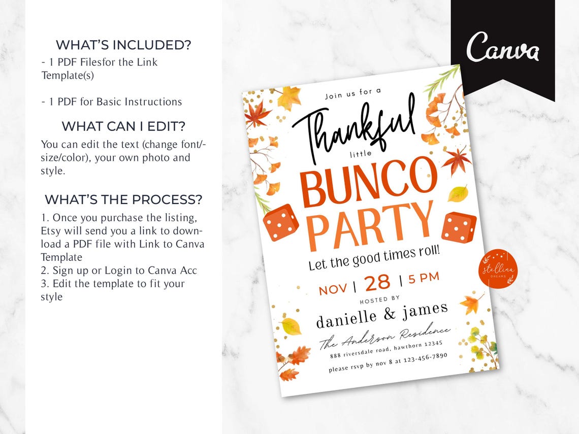 Editable Fall Thanksgiving Bunco Party Invitation, Holiday Thankful ...