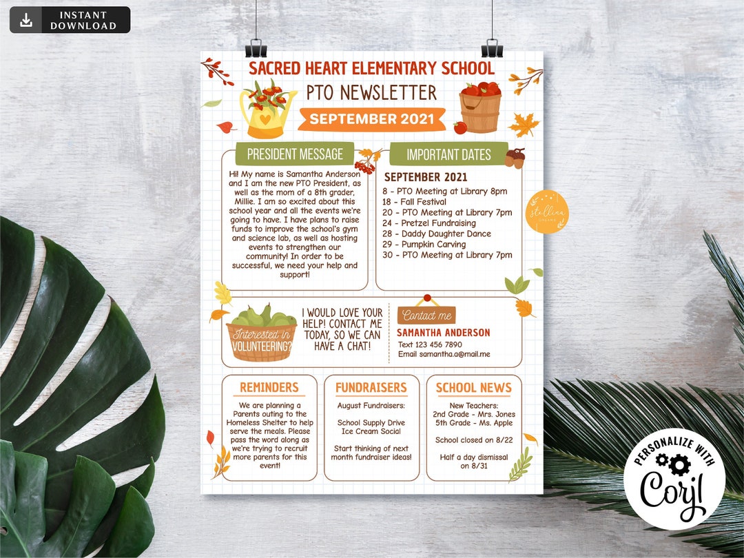 September PTO PTA Newsletter Flyer, Autumn Classroom Printable Handout ...