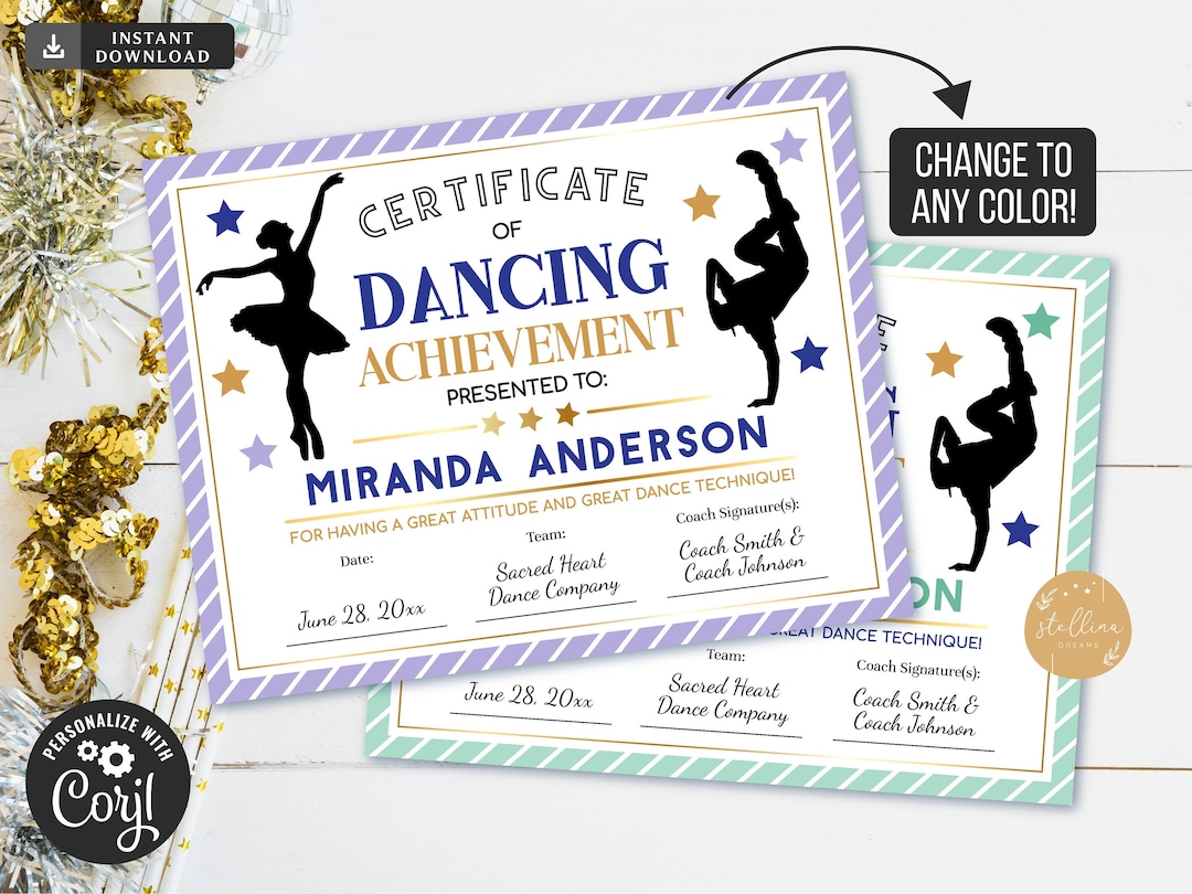 EDITABLE Dancer Certificate, Dancing Award, Dancer Printable ...