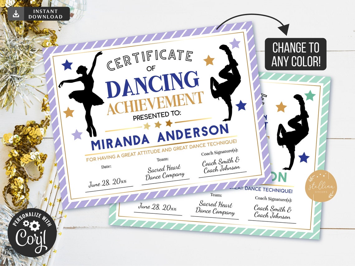 EDITABLE Dancer Certificate Dancing Award Dancer Printable - Etsy