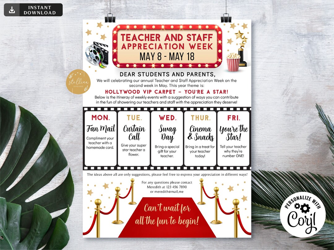 Hollywood Teacher Appreciation Staff Invitation Newsletter, Printable ...