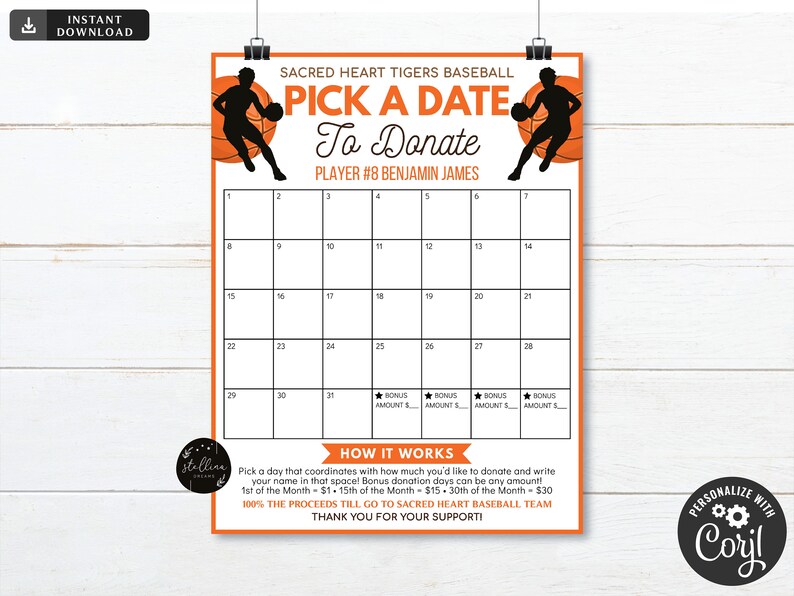 Printable Basketball Pick a Date to Donate Printable, Basketball ...