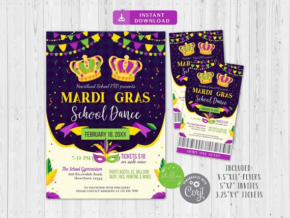 Mardi Gras School Dance Flyer Party Invite Mardi Gras Dance | Etsy