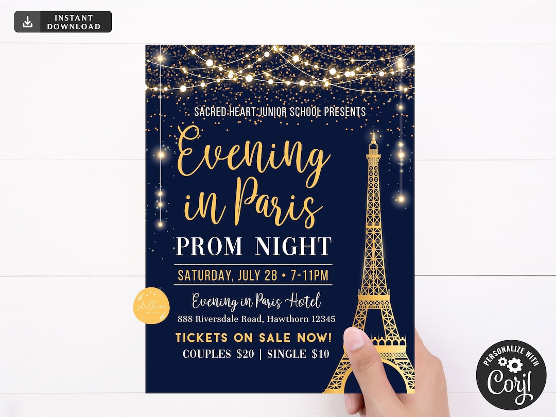 A Night in Paris Prom Flyer, School Dance Flyer Digital Invite, an ...