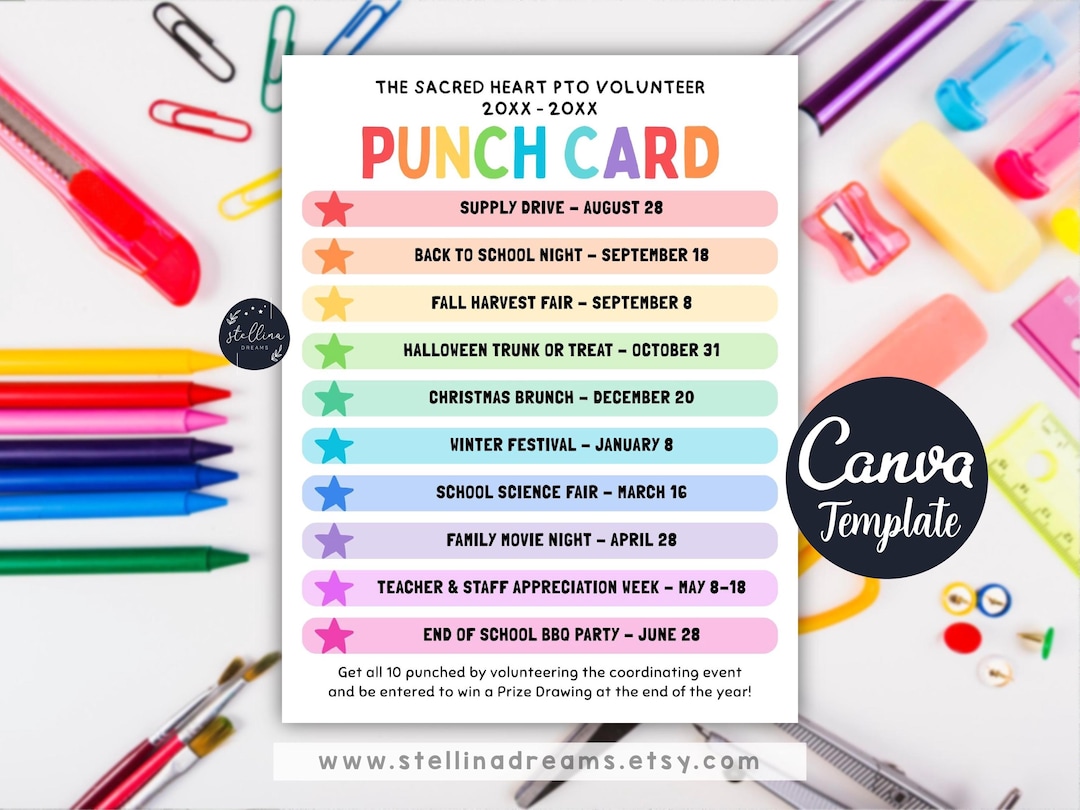 Editable PTO PTA Volunteer Punch Cards: School Fundraiser CANVA ...