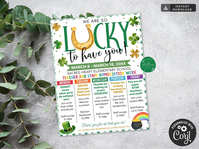 EDITABLE St. Patrick's Day Teacher Appreciation Week Itinerary, Lucky ...