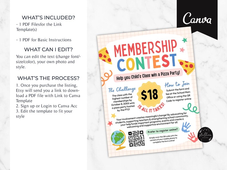 Editable School PTA PTO Membership Contest Flyer: Canva Template, Pizza ...
