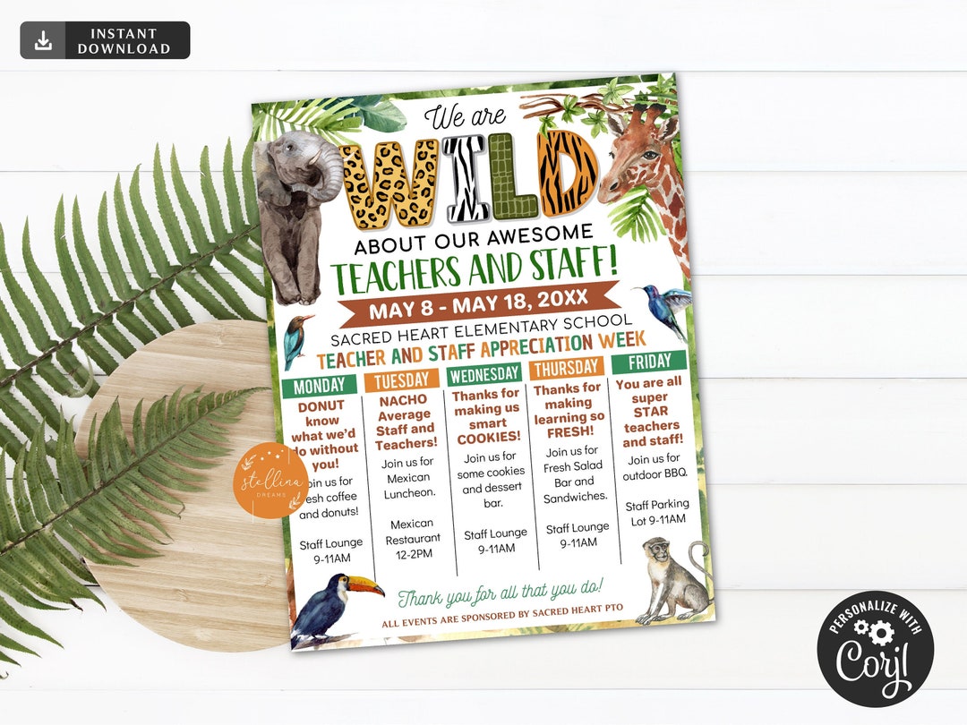 EDITABLE Jungle Teacher Appreciation Week Itinerary, We Are Wild About ...