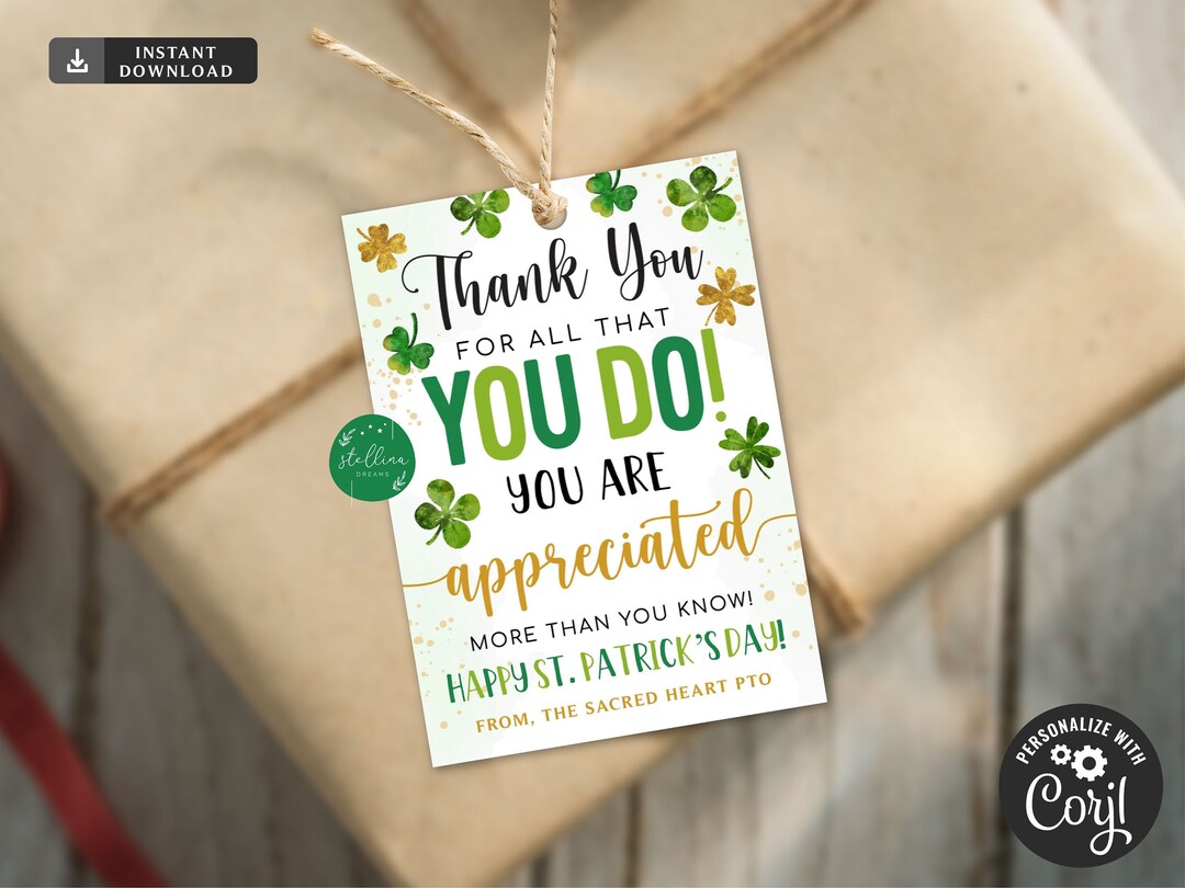 Editable St. Patrick's Day Thank You Gift Tags, Teacher Staff Employee ...