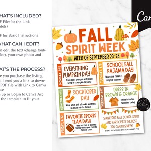 Editable Fall School Spirit Week Itinerary Schedule, Daily Weekly ...