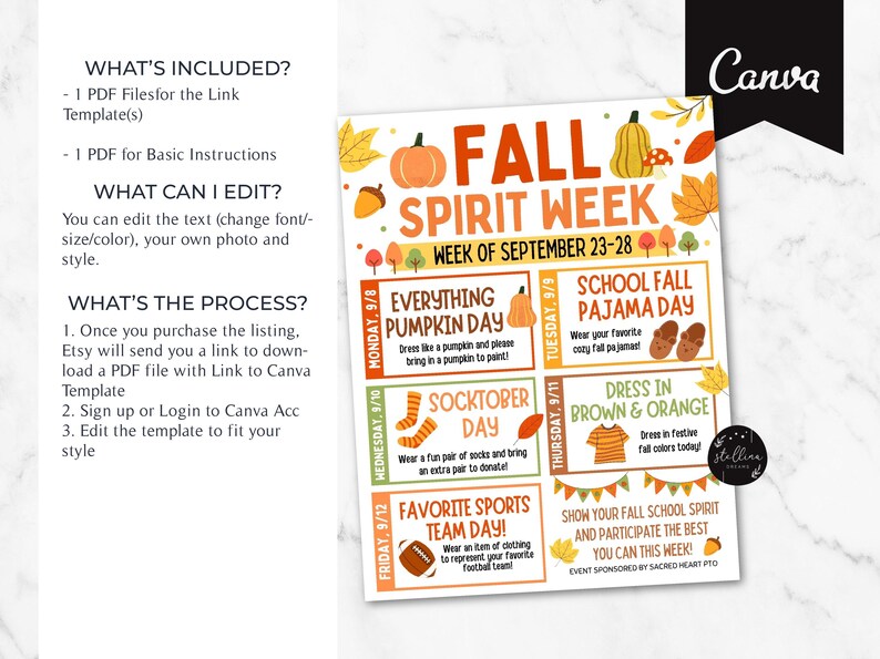 Editable Fall School Spirit Week Itinerary Schedule, Daily Weekly ...