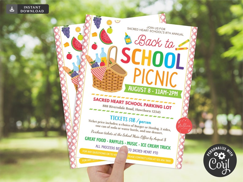 Editable School Picnic Party Flyer: Back to School PTA PTO (digital ...
