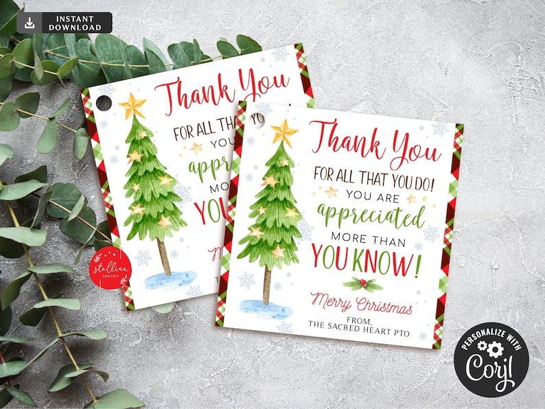 Editable Holiday Appreciation Tag Christmas Thank You Gift - Etsy