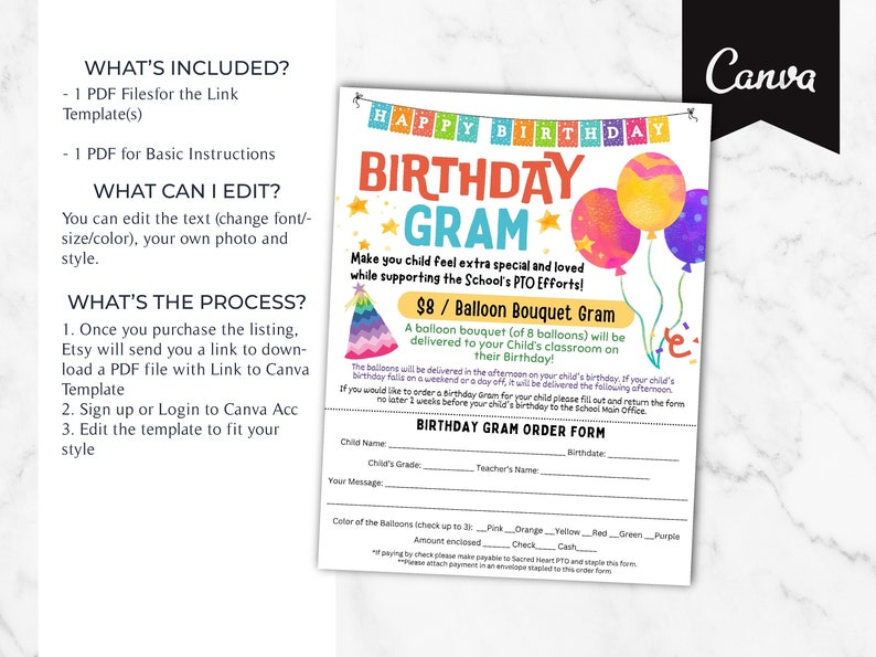 Editable Birthday Gram Flyer, School Fundraiser Template, Birthday ...