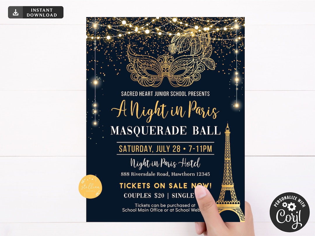 Masquerade Prom Flyer, A Night in Paris Prom Flyer, School Dance Flyer ...