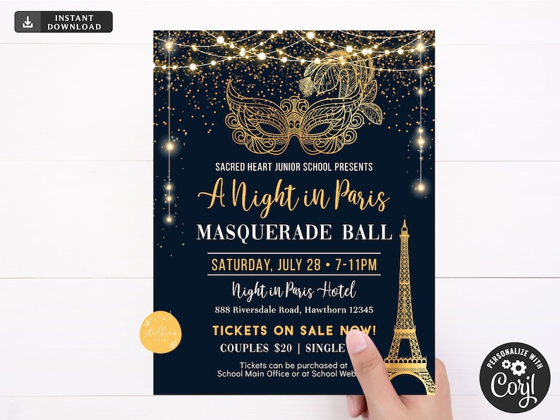 Masquerade Prom Flyer, A Night in Paris Prom Flyer, School Dance Flyer ...