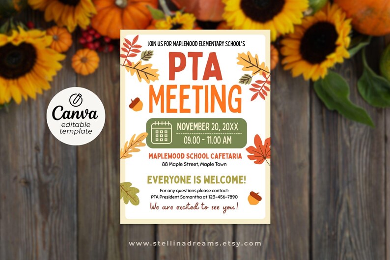 Editable PTA PTO Meeting Flyer Template, School Event Invite (canva ...