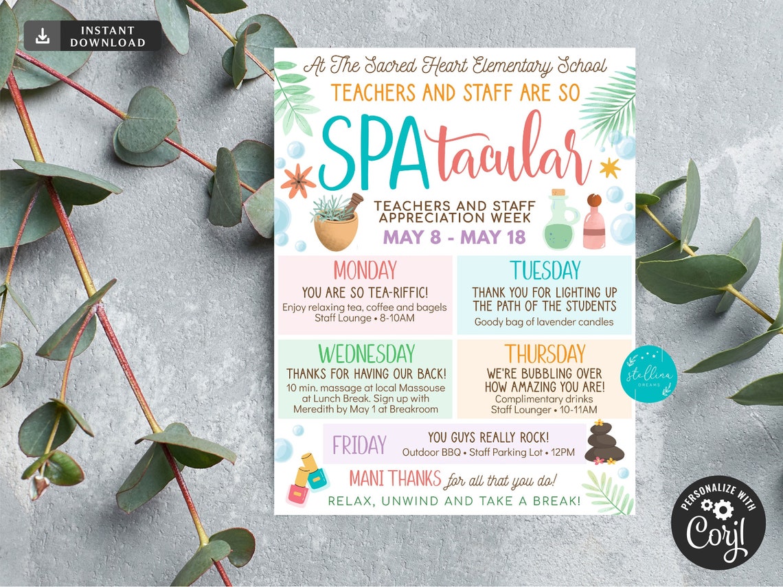Spa Teacher and Staff Appreciation Week, Itinerary Poster, Calm Zen ...