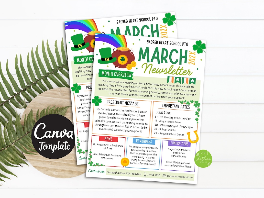 Editable March PTO PTA Newsletter Flyer, St. Patricks Day Printable ...