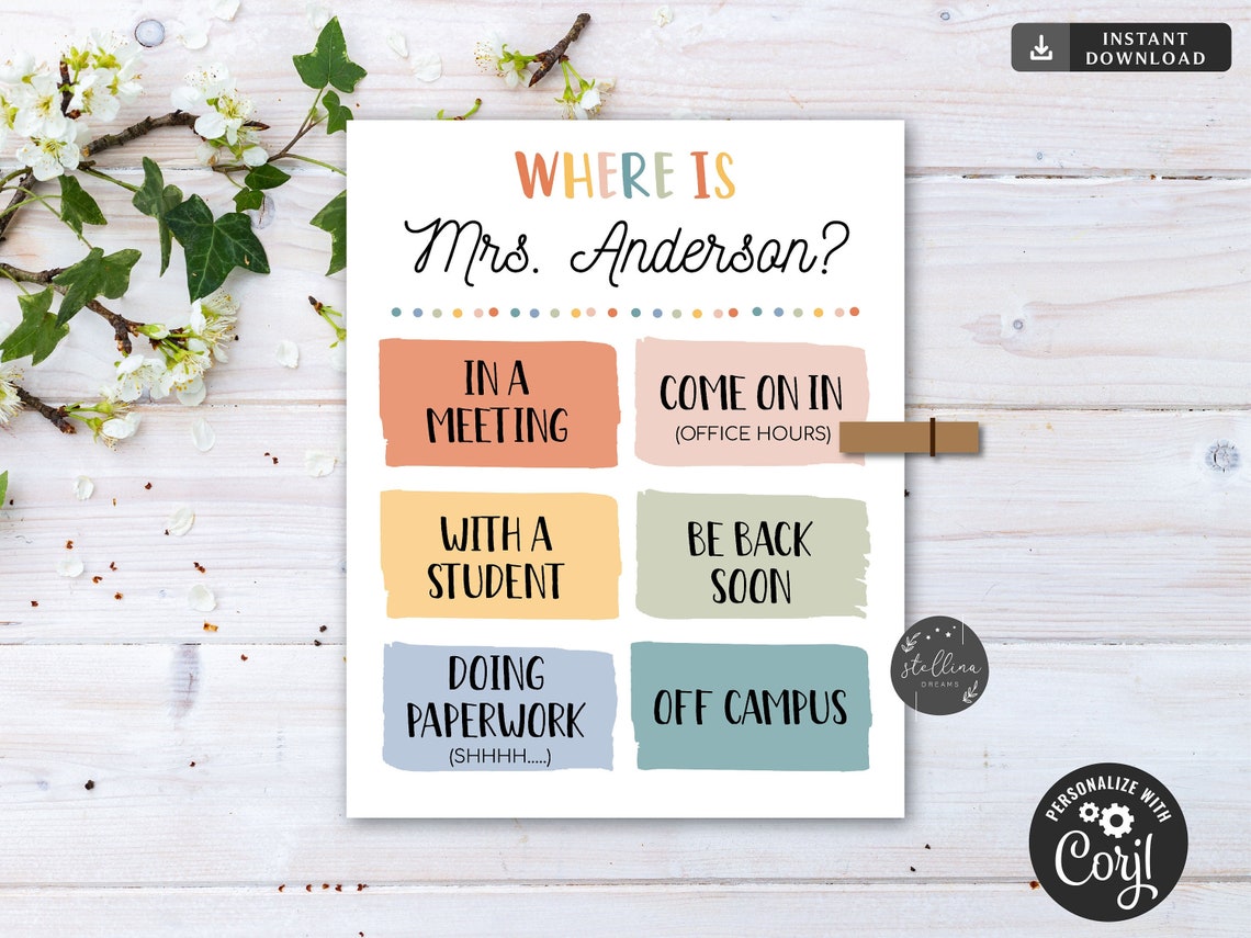 Where's the Teacher Sign, Classroom Door Sign, Rainbow Pastel Colors ...