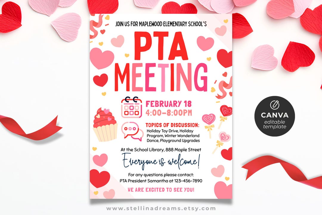 Valentine PTA Meeting Flyer | School PTO February Bulletin | Editable ...