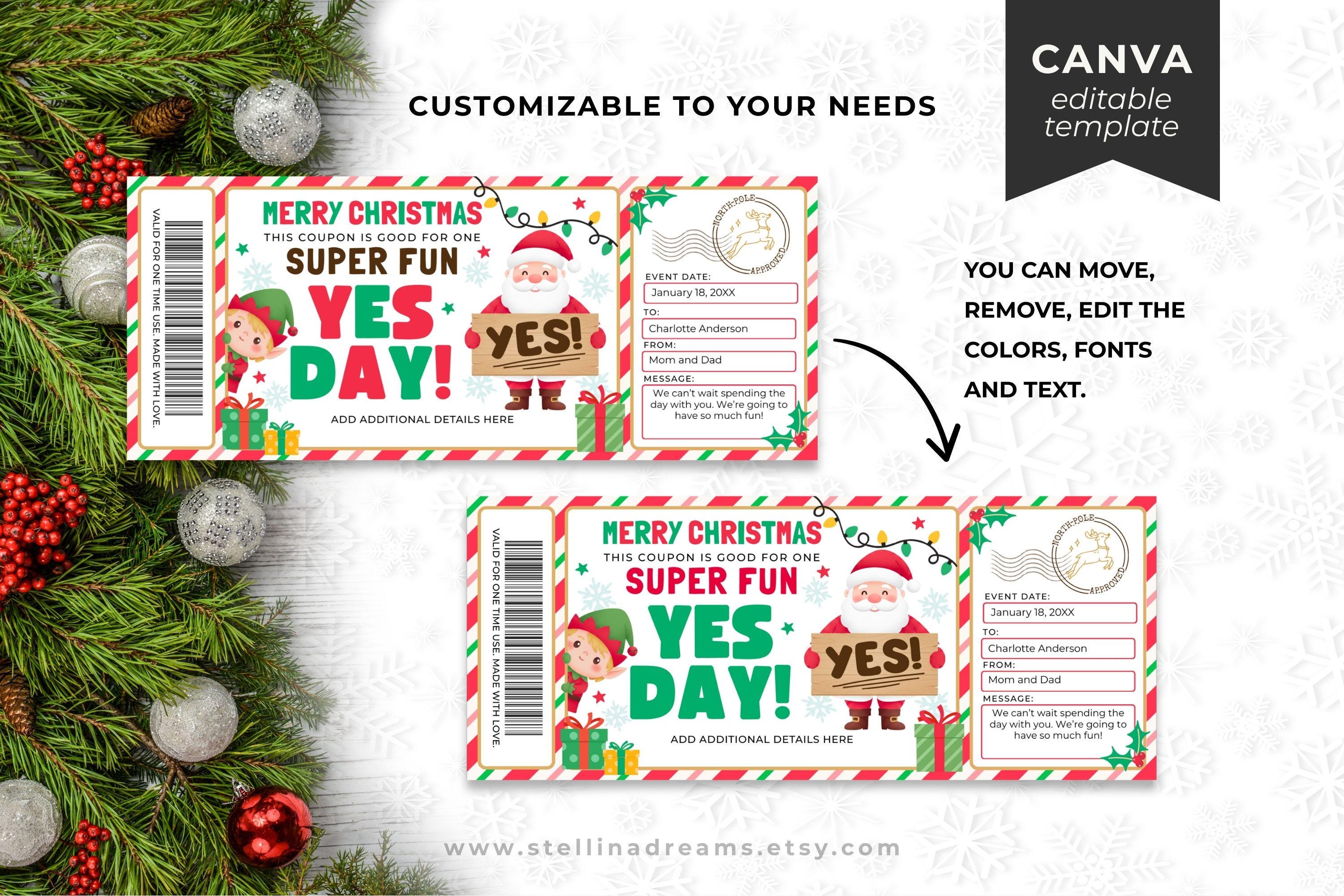 Christmas Yes Day Ticket, Printable Surprise Voucher, Holiday Coupon ...