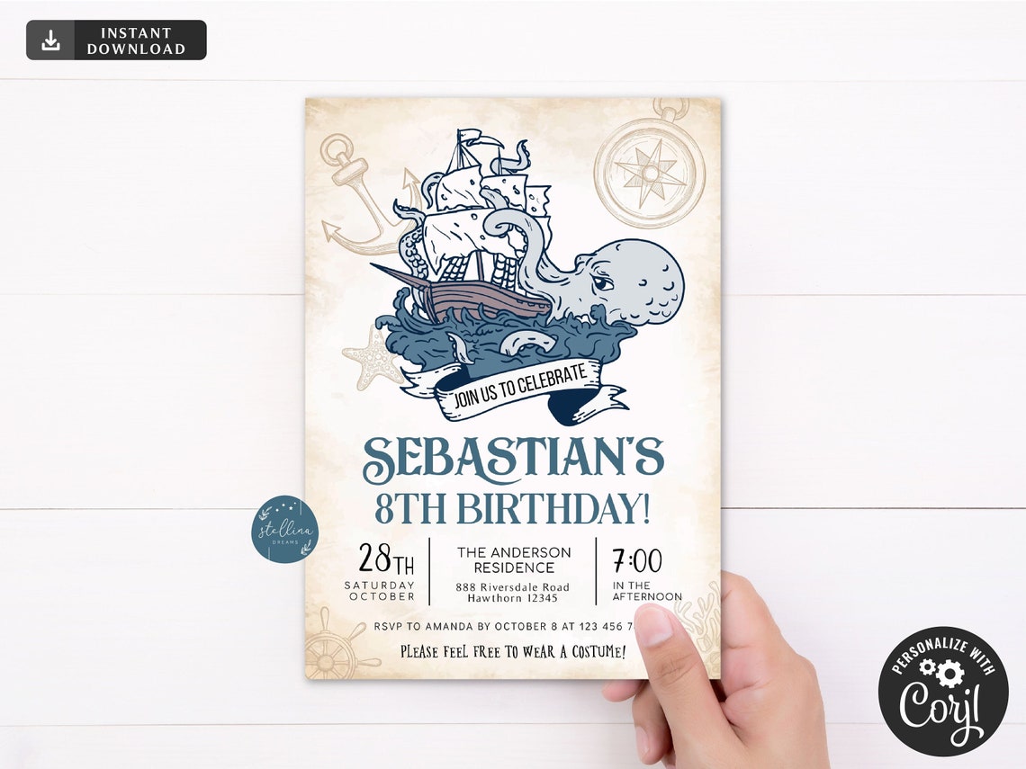 Kraken Invitation, Kraken Birthday Invitation, Octopus Party Invitation ...