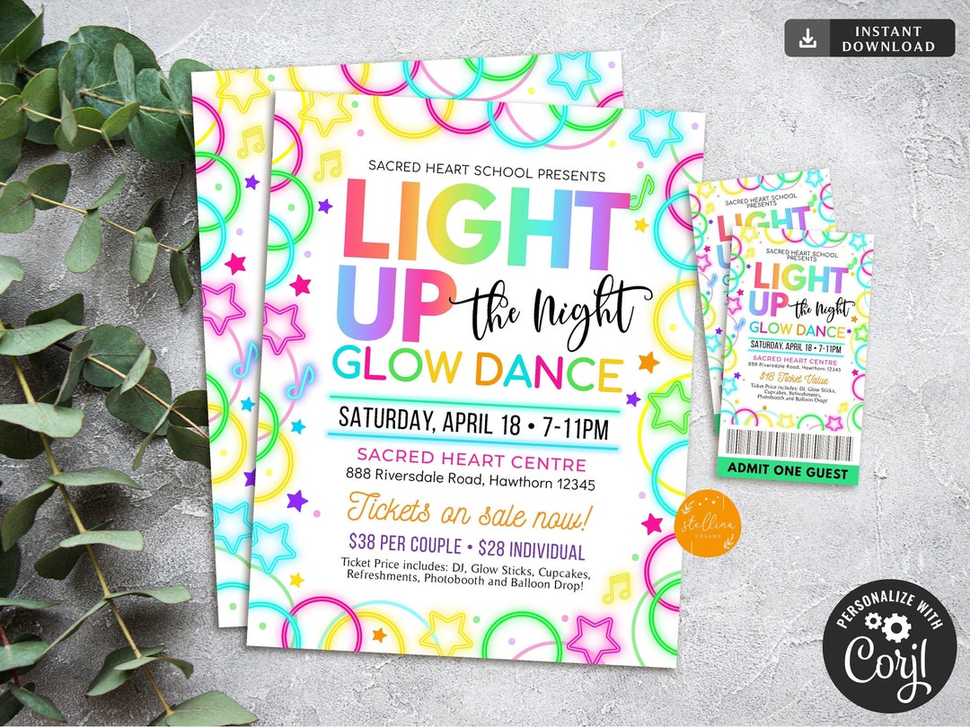 Glow Dance Set School Dance Flyer Party Invite, Church Community Event ...