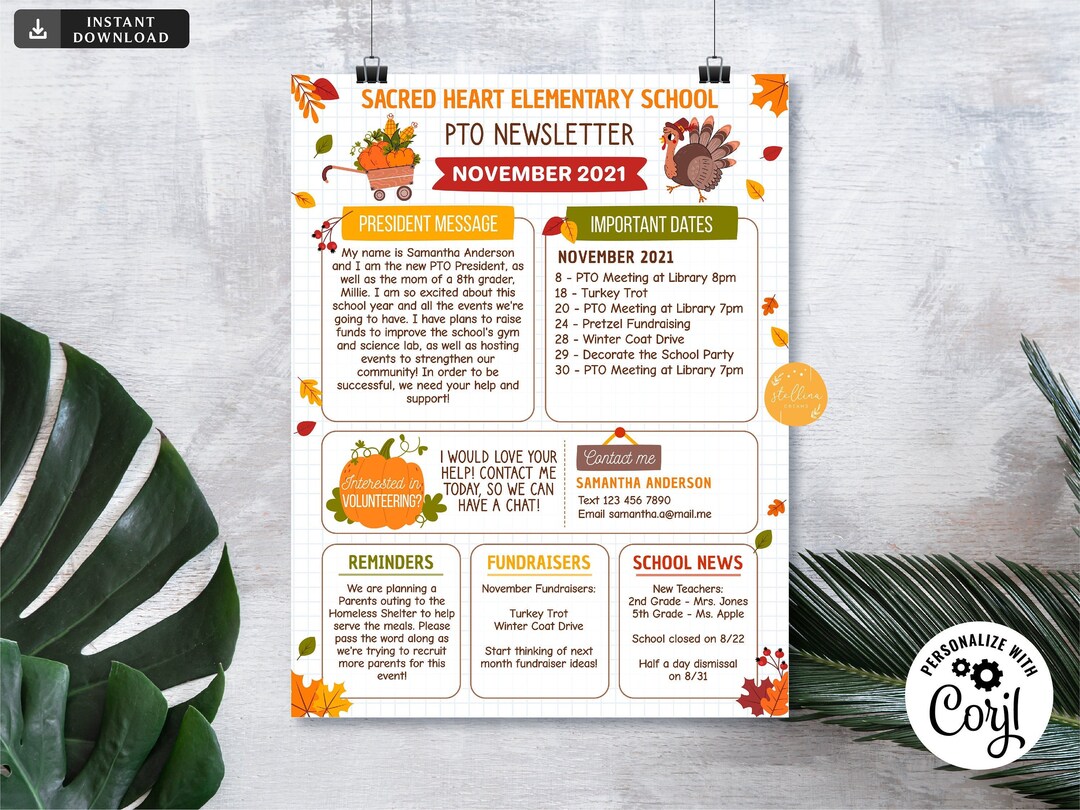 November PTA PTO Newsletter Flyer: Fall School Calendar (EDITABLE ...