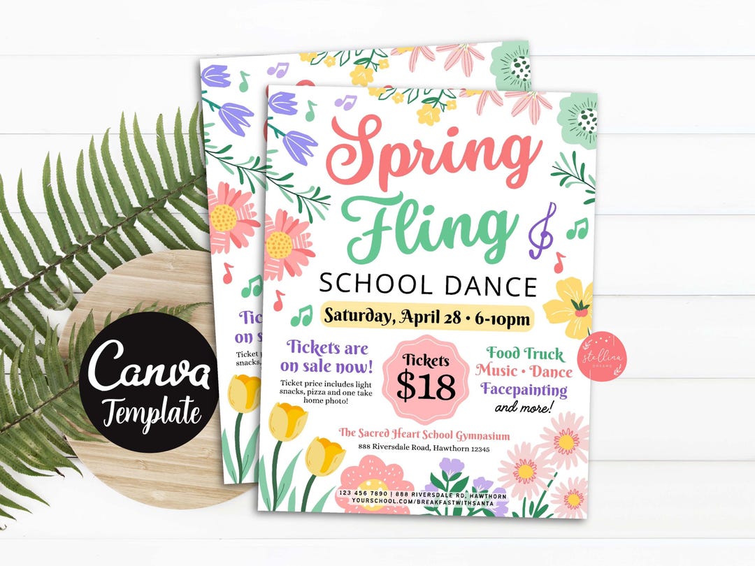 Editable Spring Fling School Dance Set, Invitation, Flyer Party ...