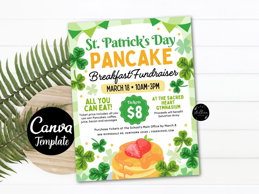 Editable St. Patricks Day Pancake Breakfast Fundraiser Flyer and Ticket ...