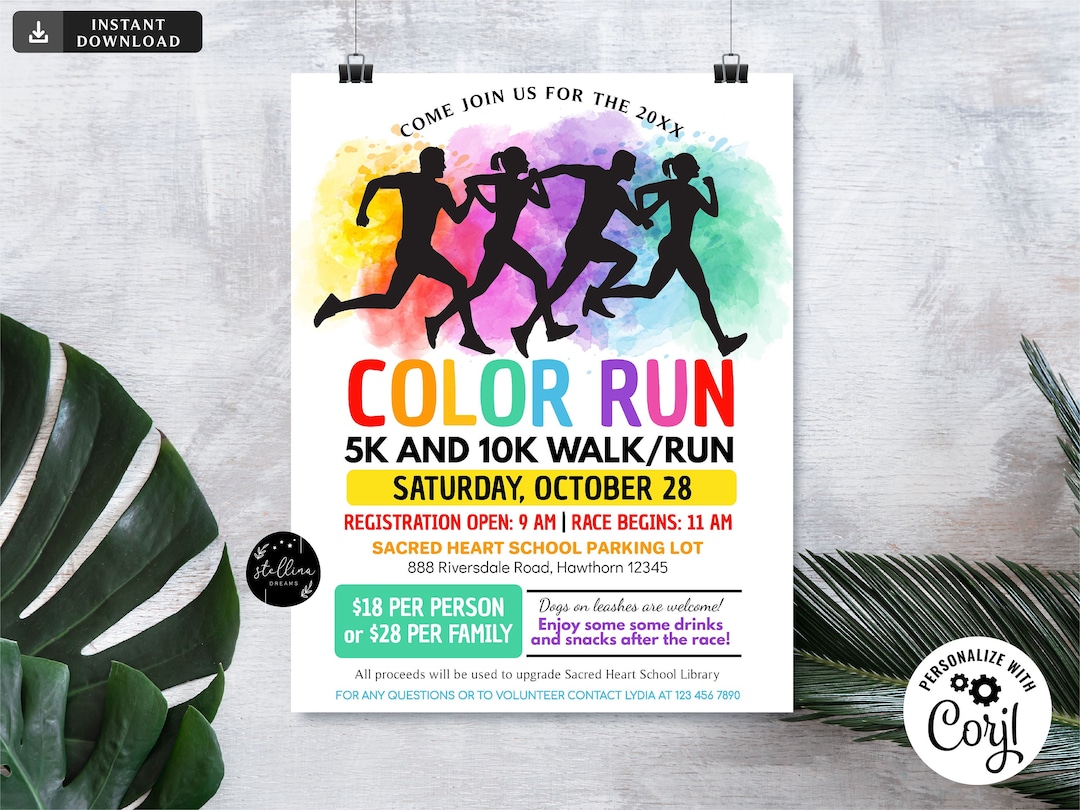 Color Run Flyer Printable Invitation, Community Fundraising Event ...