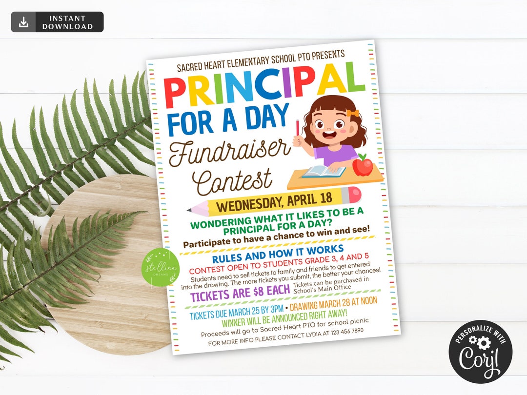 Principal for a Day Contest Fundraiser Flyer, Printable Handout, School ...