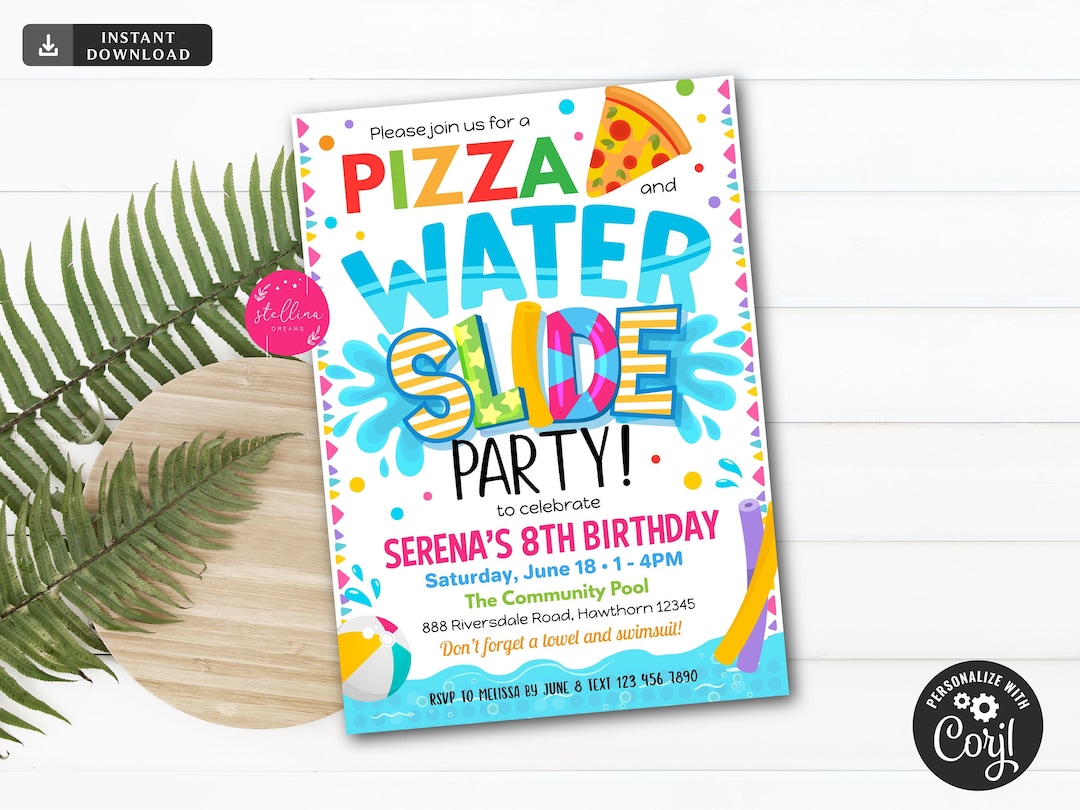 EDITABLE Pizza and Waterslide Party Invitation, End of School Party ...