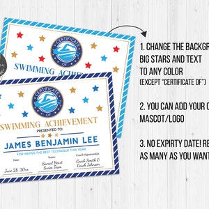 EDITABLE Swim Team Award Certificates, Swimming Awards, Printable Award ...