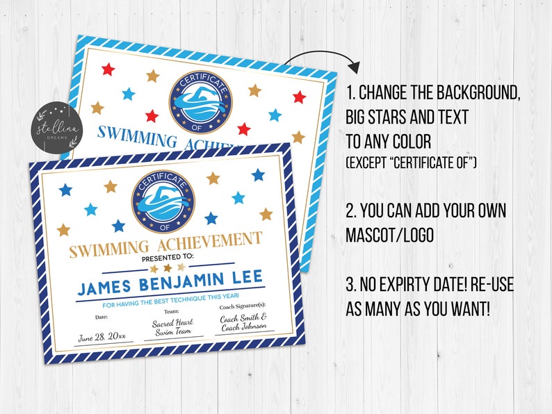 Editable Swim Team Award Certificate: Printable Sports Awards (instant ...