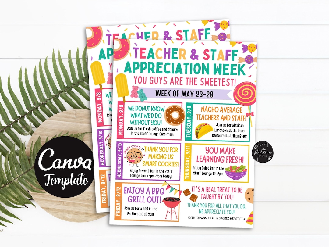 Candy Theme Teacher Appreciation Week Itinerary: Editable Canva ...