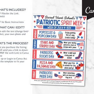 EDITABLE Patriotic School Spirit Week Itinerary Schedule, Daily Weekly ...