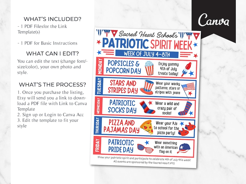 Patriotic School Spirit Week Itinerary: 4th of July Planner (CANVA ...